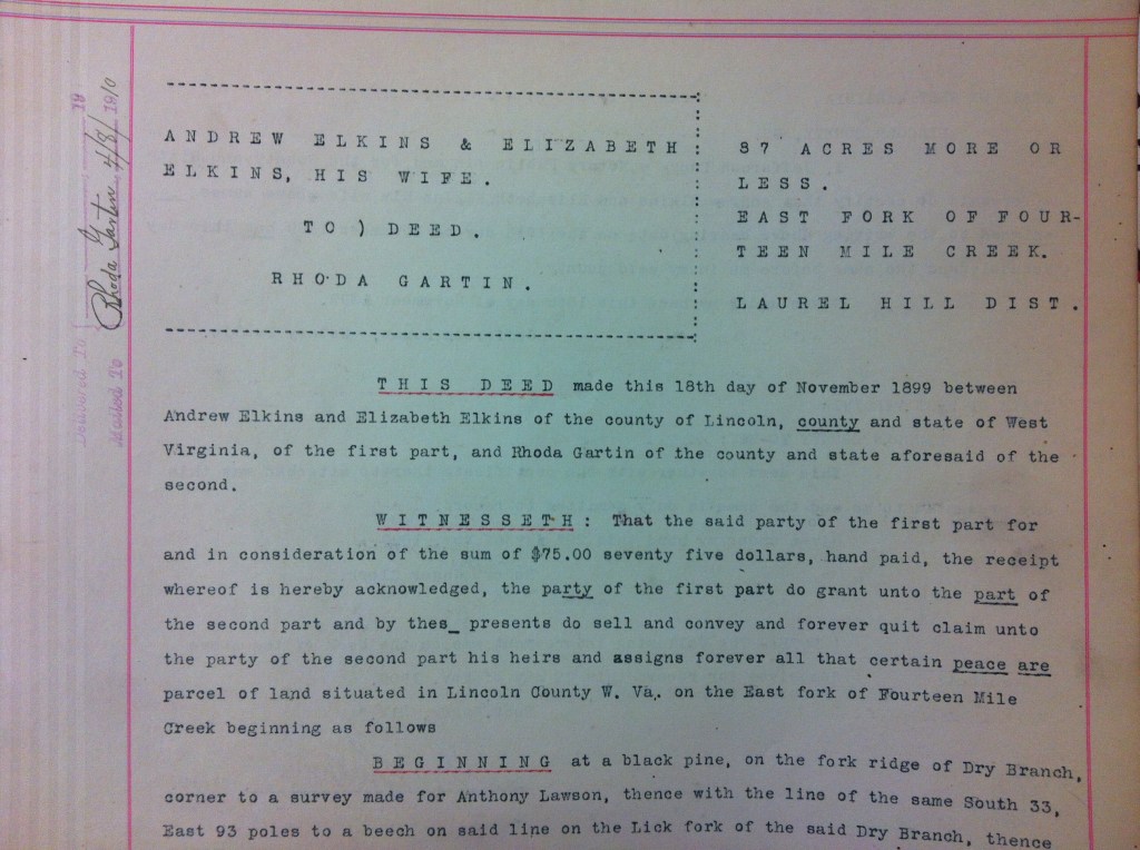 Andrew Elkins Deed to Rhoda Gartin (1899) | Brandon Ray Kirk